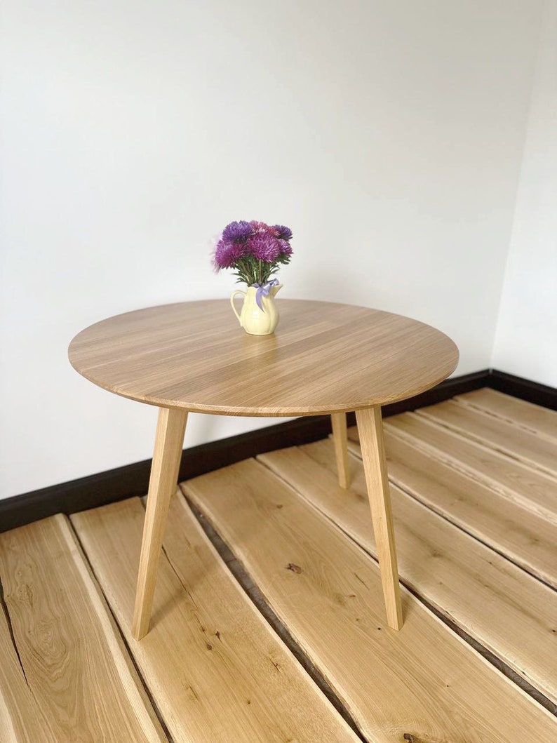 Round Solid Oak Wood Dining Table, Large Custom Kitchen Table, Modern ...