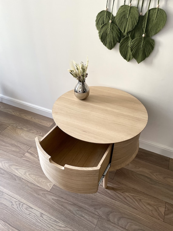 Oversized Mid Century Modern Nightstand With Drawer Scandinavian Side Table Unique Oak Round Wood Coffee Table With Storage Etsy