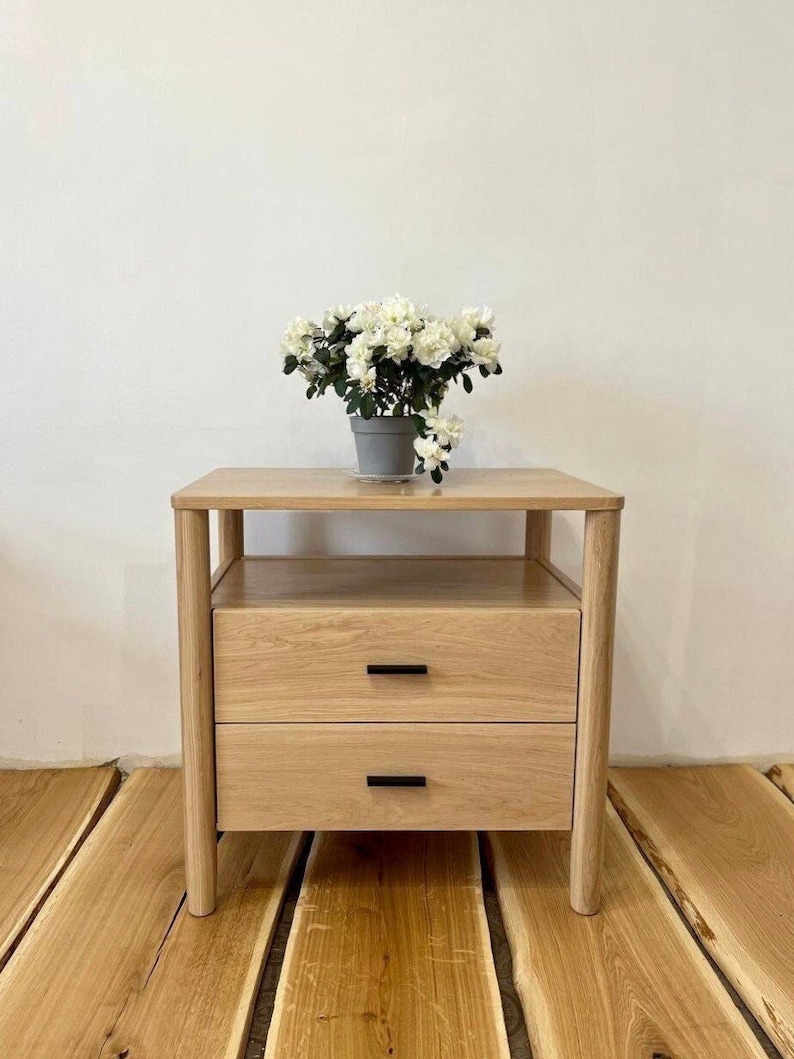 White Oak Bedside Table With Drawers and Shelf, Solid Wood Nightstand ...