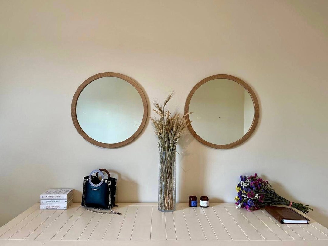 Set of 2 Oak Round Wall Mirror for Bathroom, Entryway, Living Room ...