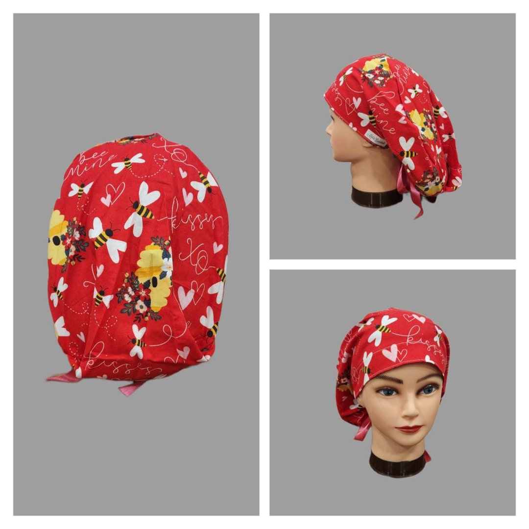 Honey Bee Scrub Cap With Pink Ribbon, Valentines Day Scrub Cap Hat ...