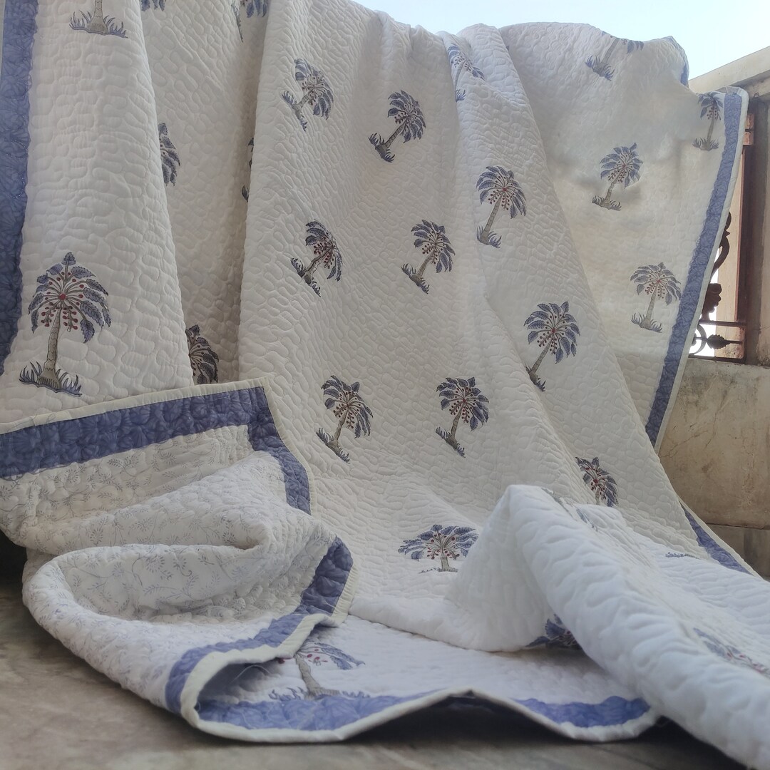 Palm Tree Machine Embroidery, Cotton Reversible Cotton Queen Size ...