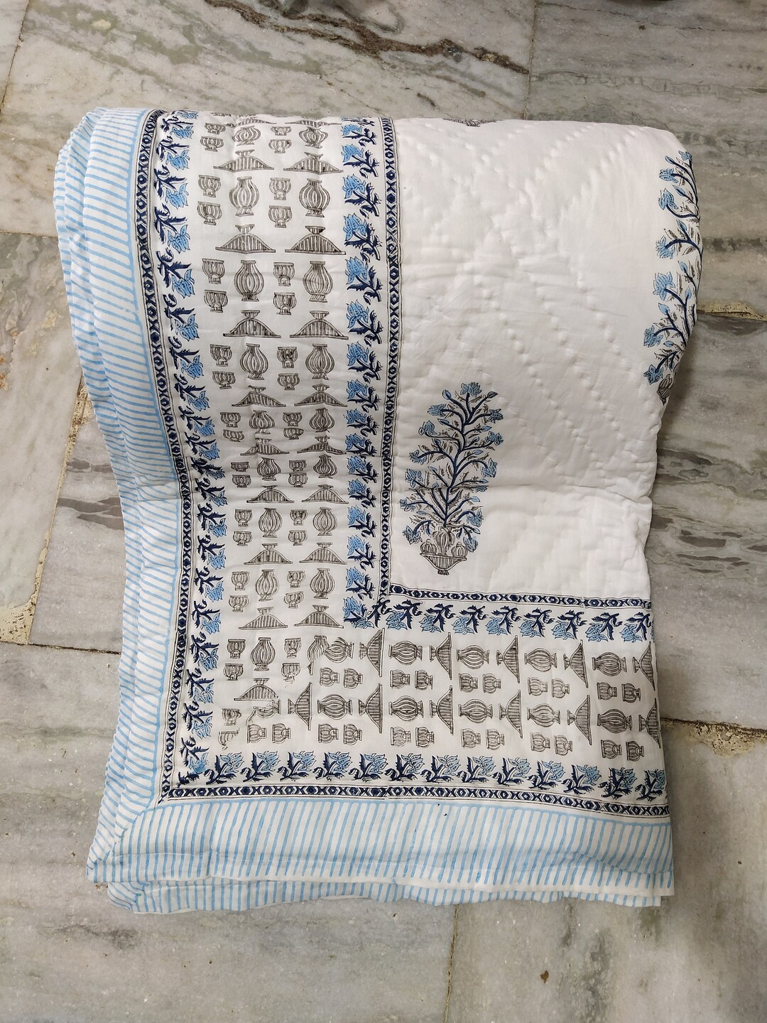 Blue Block Print Quilt /blockprint Quilt/quilted Blanket - Etsy