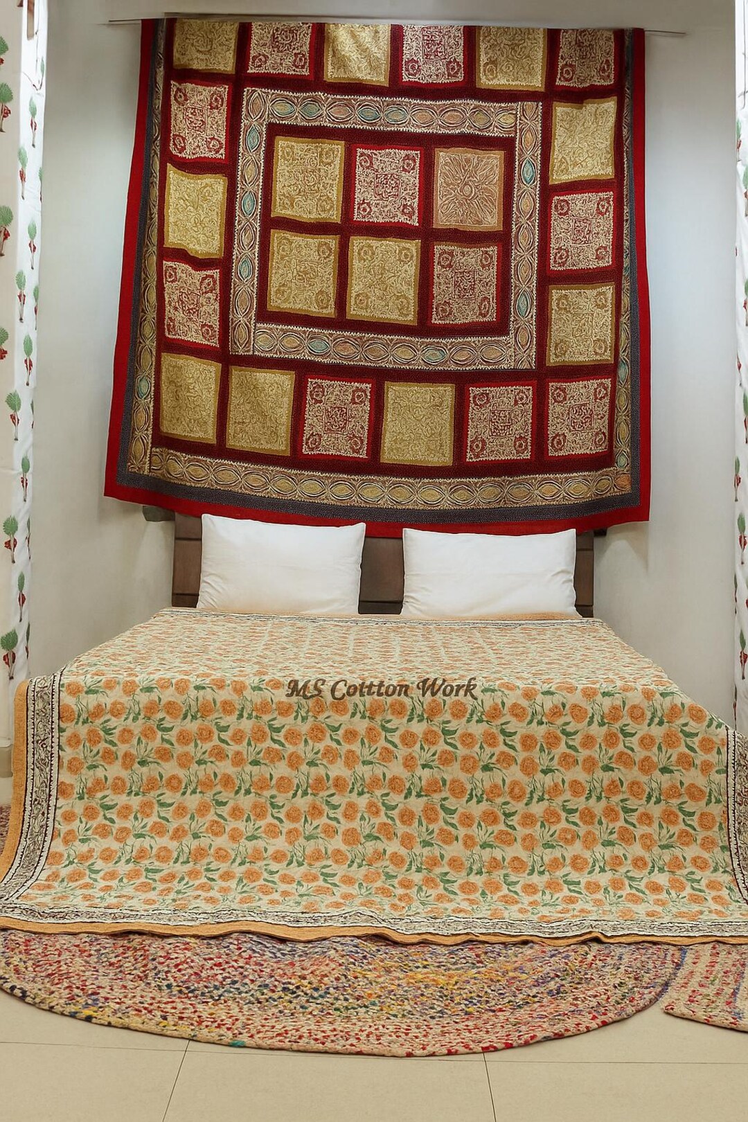 Hand Block Printed Cotton Quilt: Lightweight Indian Bedding, Reversible ...