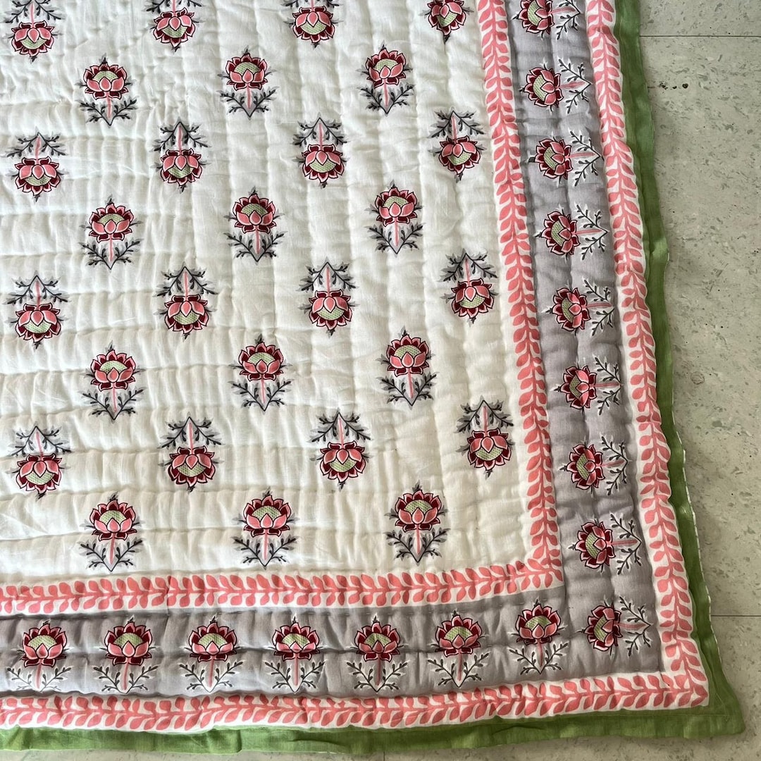 Hand Block Print Queen Quilt: Artisan Floral Cotton Bedding - Etsy