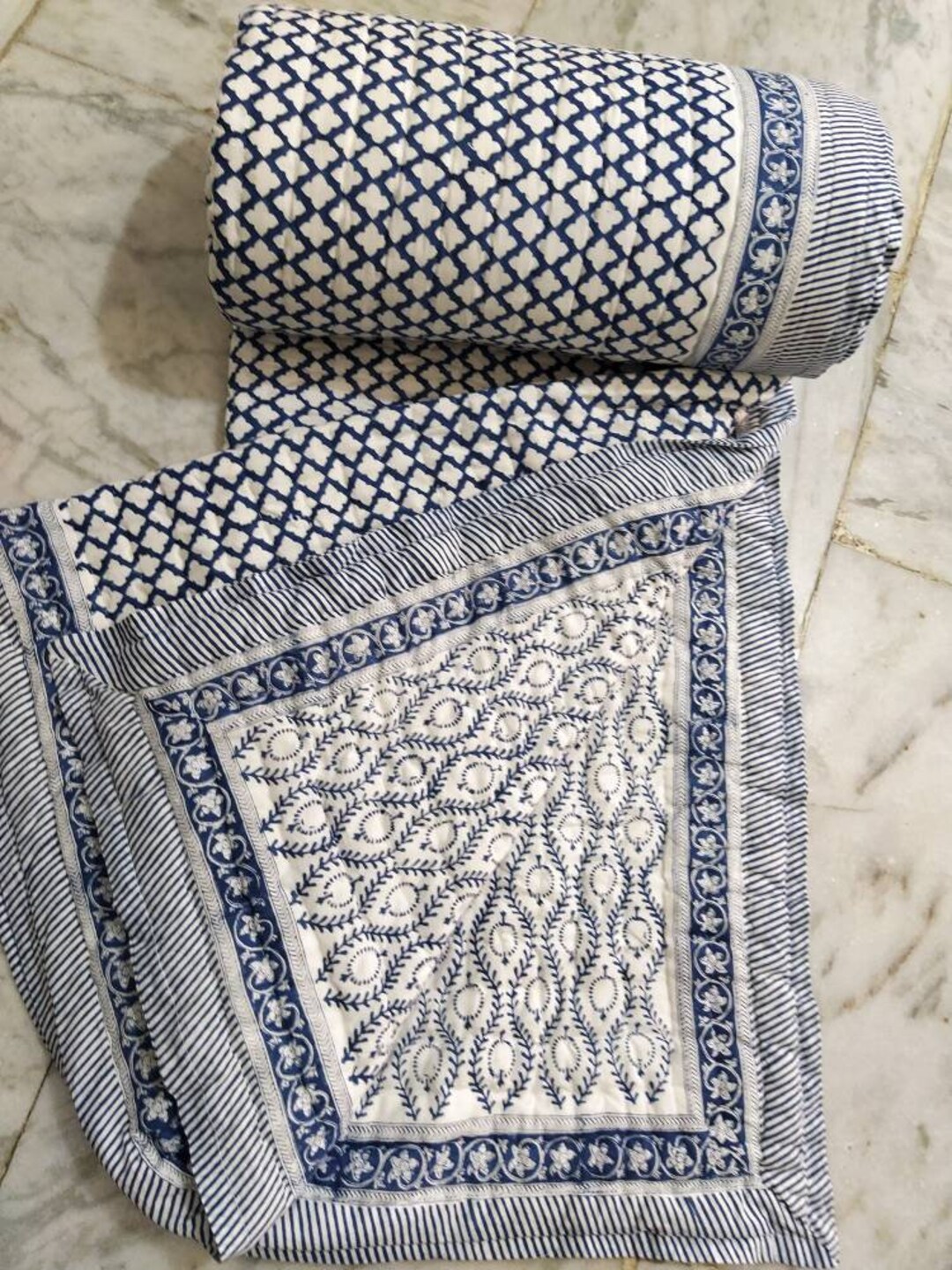 Handmade Block Printed Single Quilt Midnight Blue Reversible Double ...