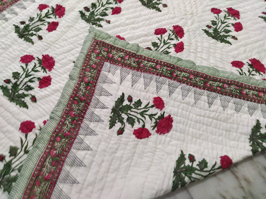 Red Flower Block Print Quilt: Hand Stitched Organic Cotton Queen ...