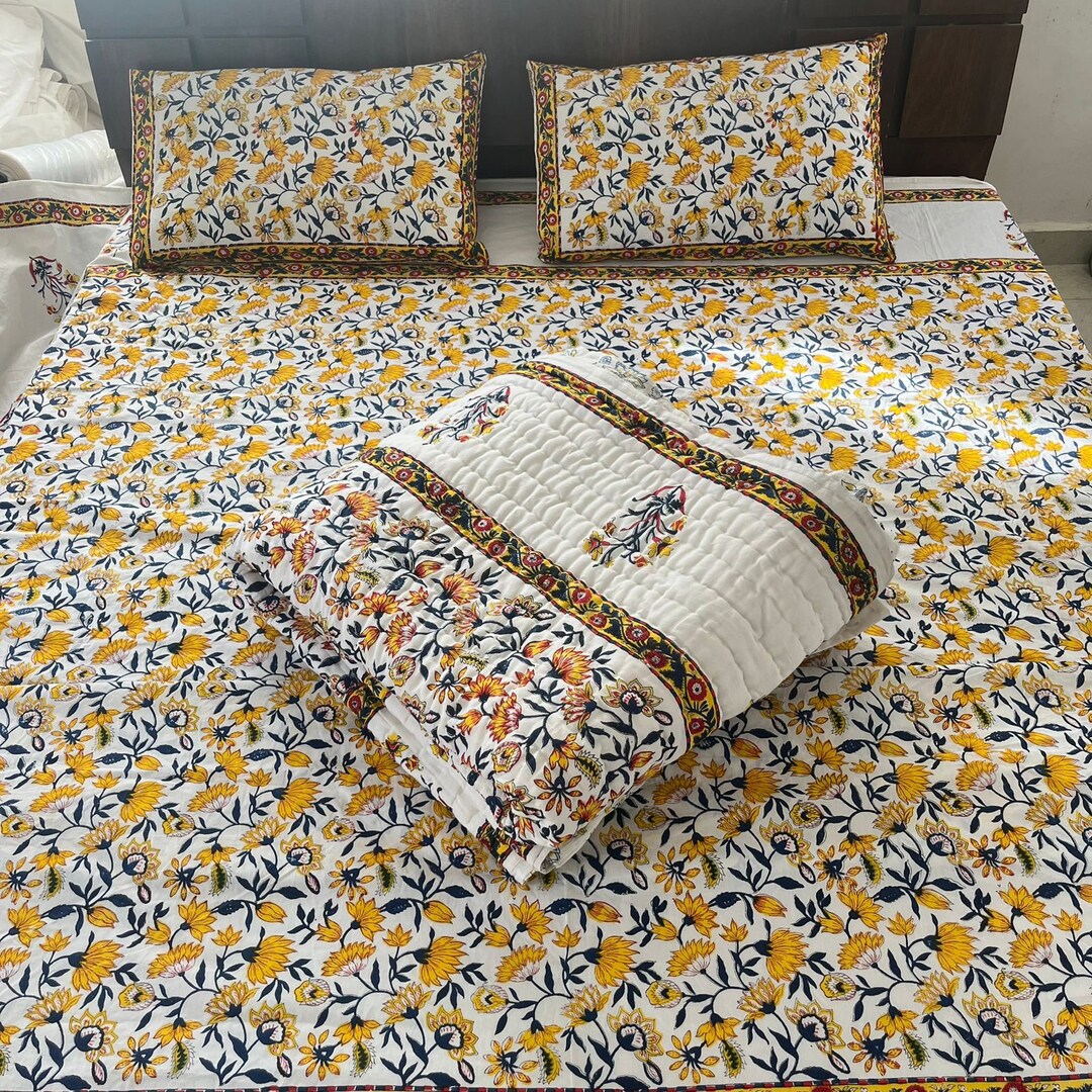 Hand Block Print Cotton Quilt Bedding Set: Sunny Floral Queen - Etsy