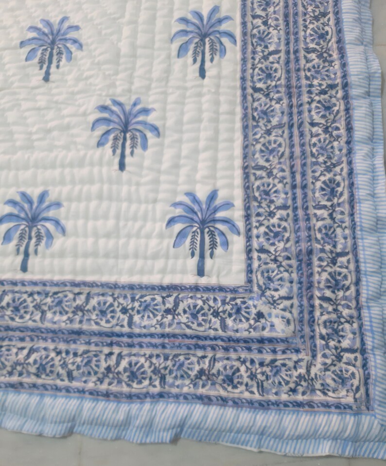 Blue Palm Tree Kantha Quilt: Hand Block Printed Cotton Bedspread - Etsy