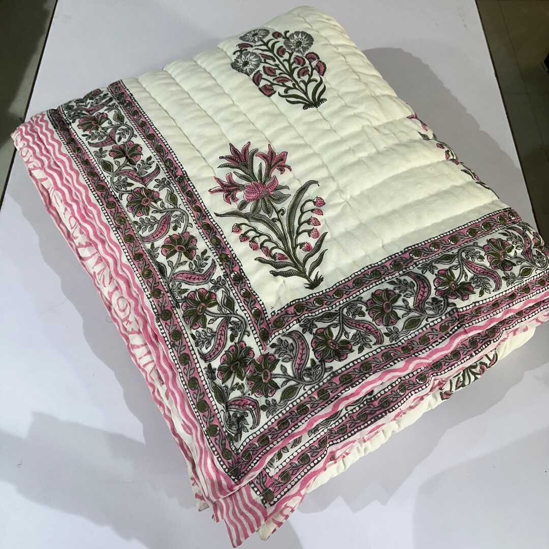 Hand Block Print Cotton Quilt: Floral Pink & Green, Indian Craft - Etsy
