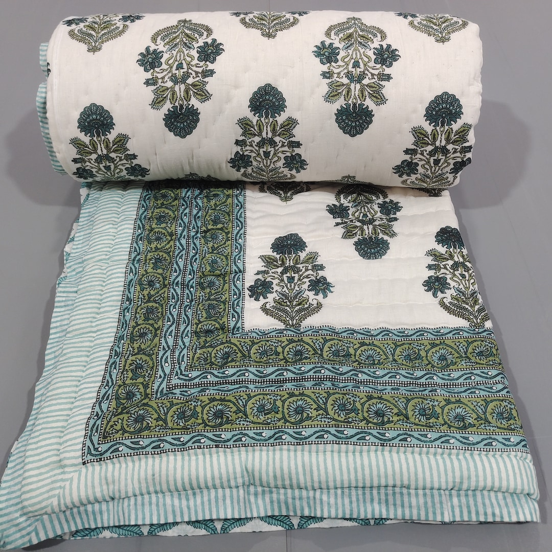 Hand Block Print Cotton Quilt: Floral Double Sided Reversible Throw - Etsy