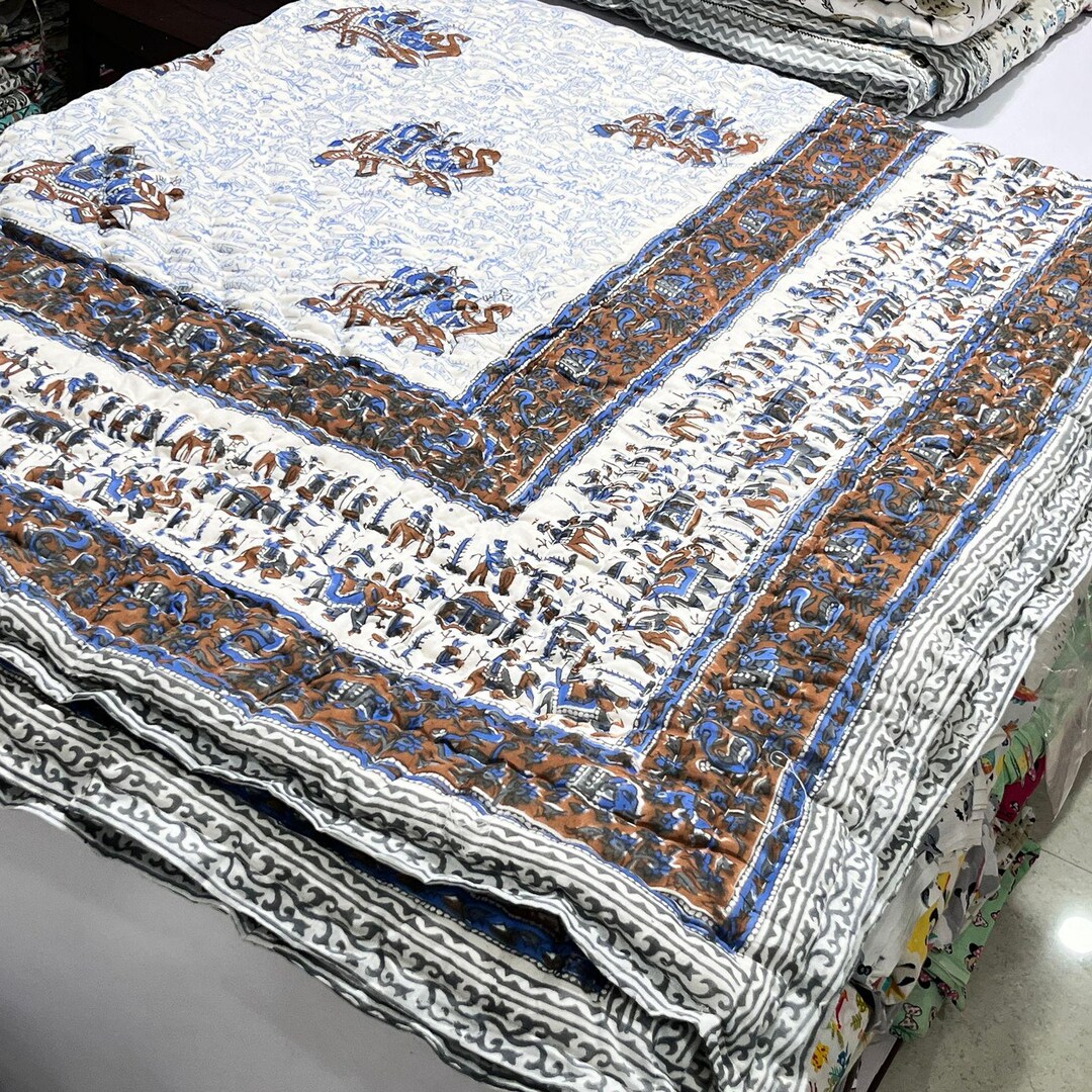 New Shahi Elephant Design Hand Block Printed Cotton Quilt, Traditional ...