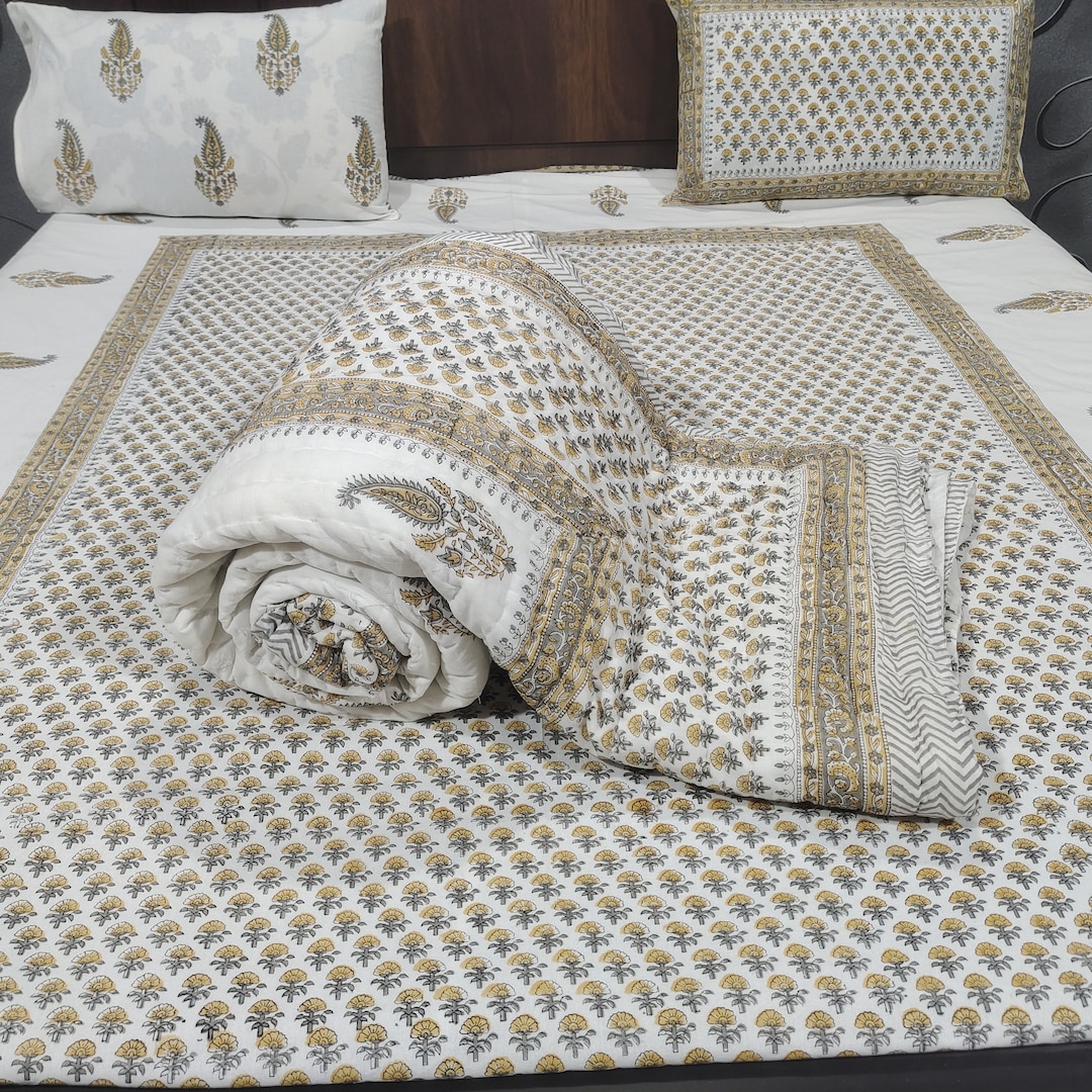 Beautiful Floral Design Block Print Cotton Quilts, Bedding Sheet for Home Decor, Yellow Flower ...