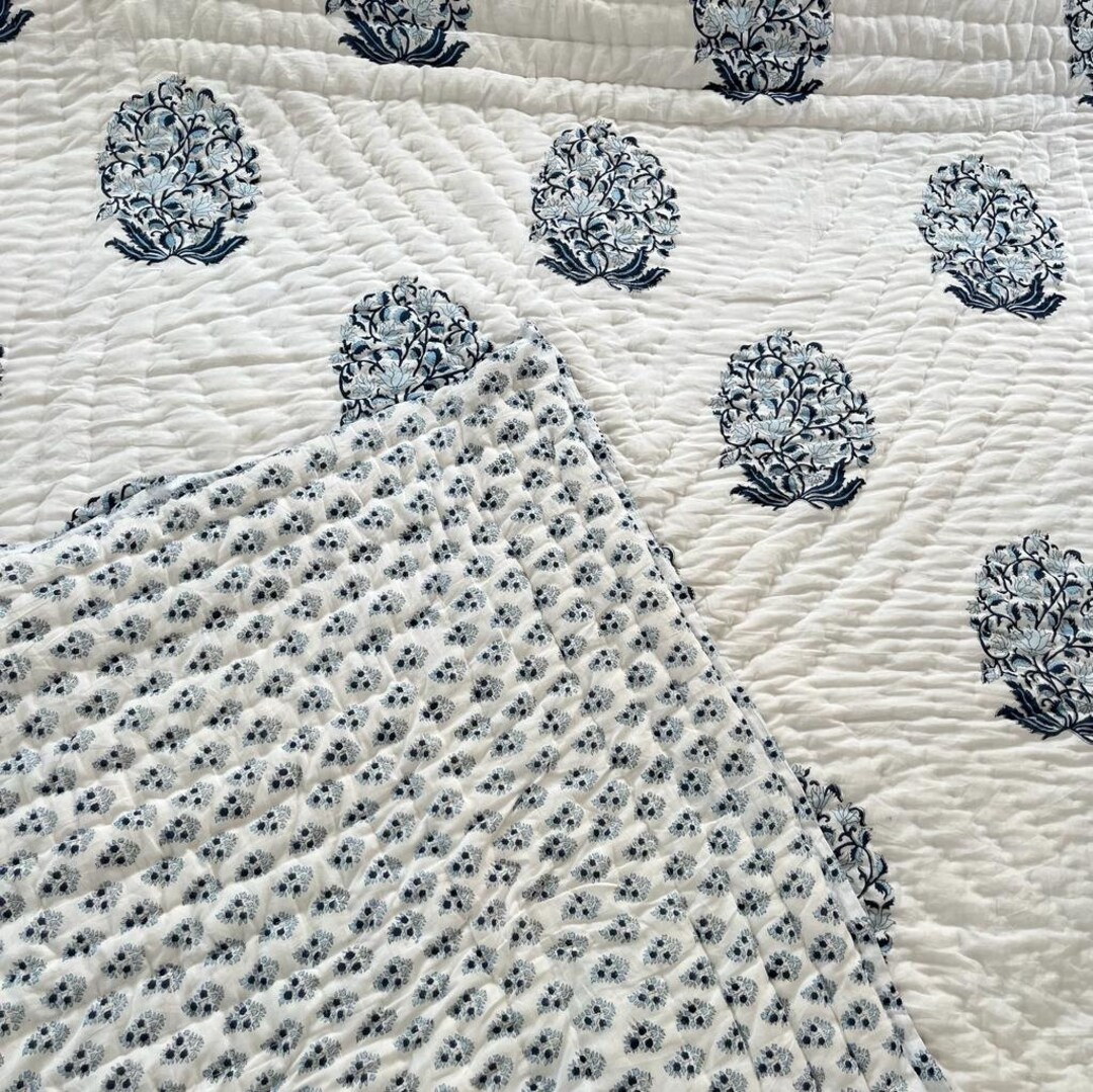 New Blue Butta Hand Block Print Quilt - Blue Floral Design - Export ...