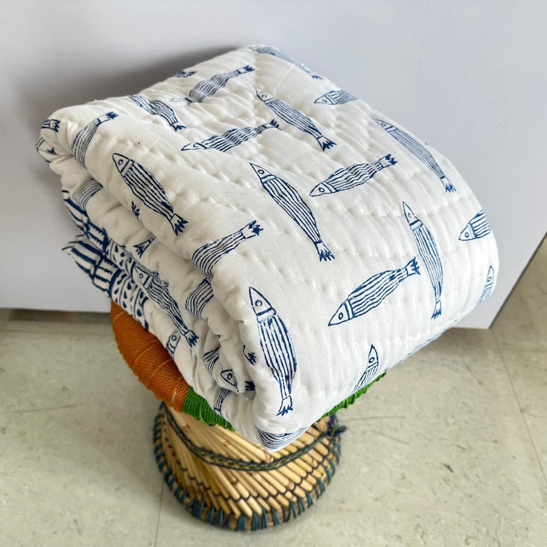 Hand Block Printed Baby Quilt: Blue Fish Ocean Design - Etsy