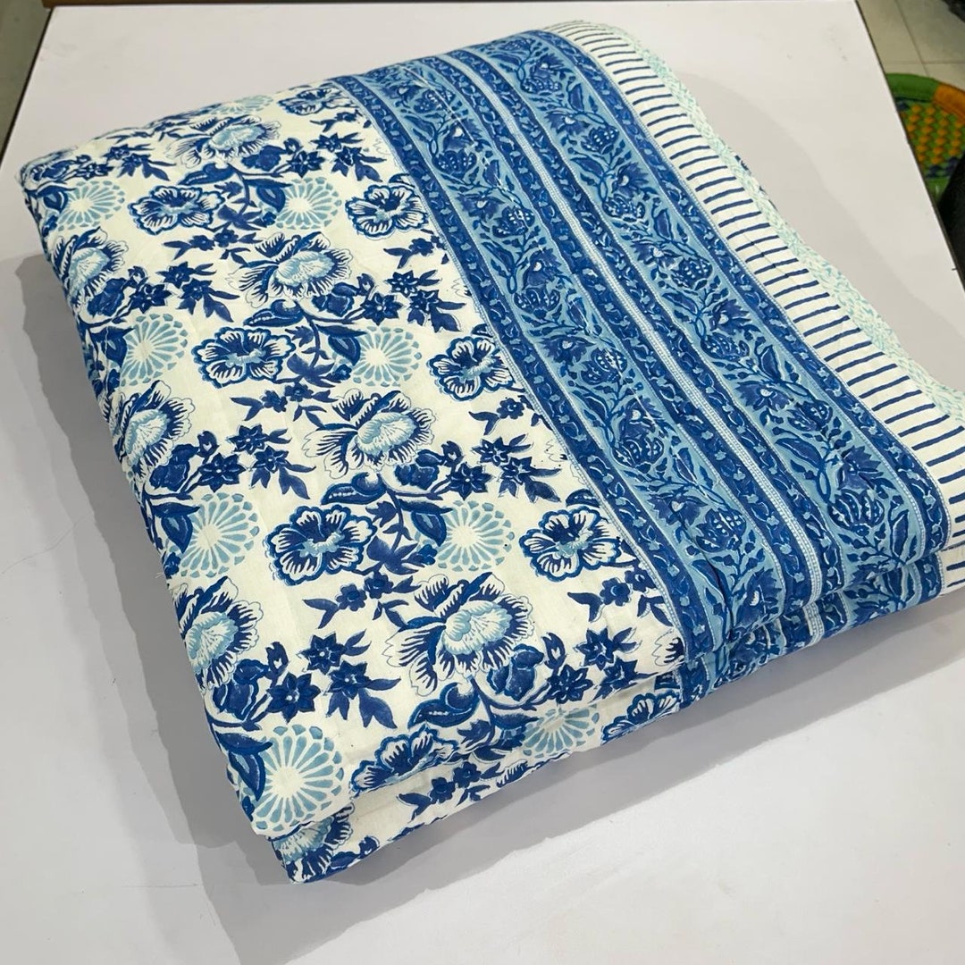 Handmade Item for Home Decor, Unique Blue & White Floral Hand Block ...