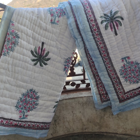 Block Print Quilt New Palm Tree Wood Print Cotton Reversible | Etsy