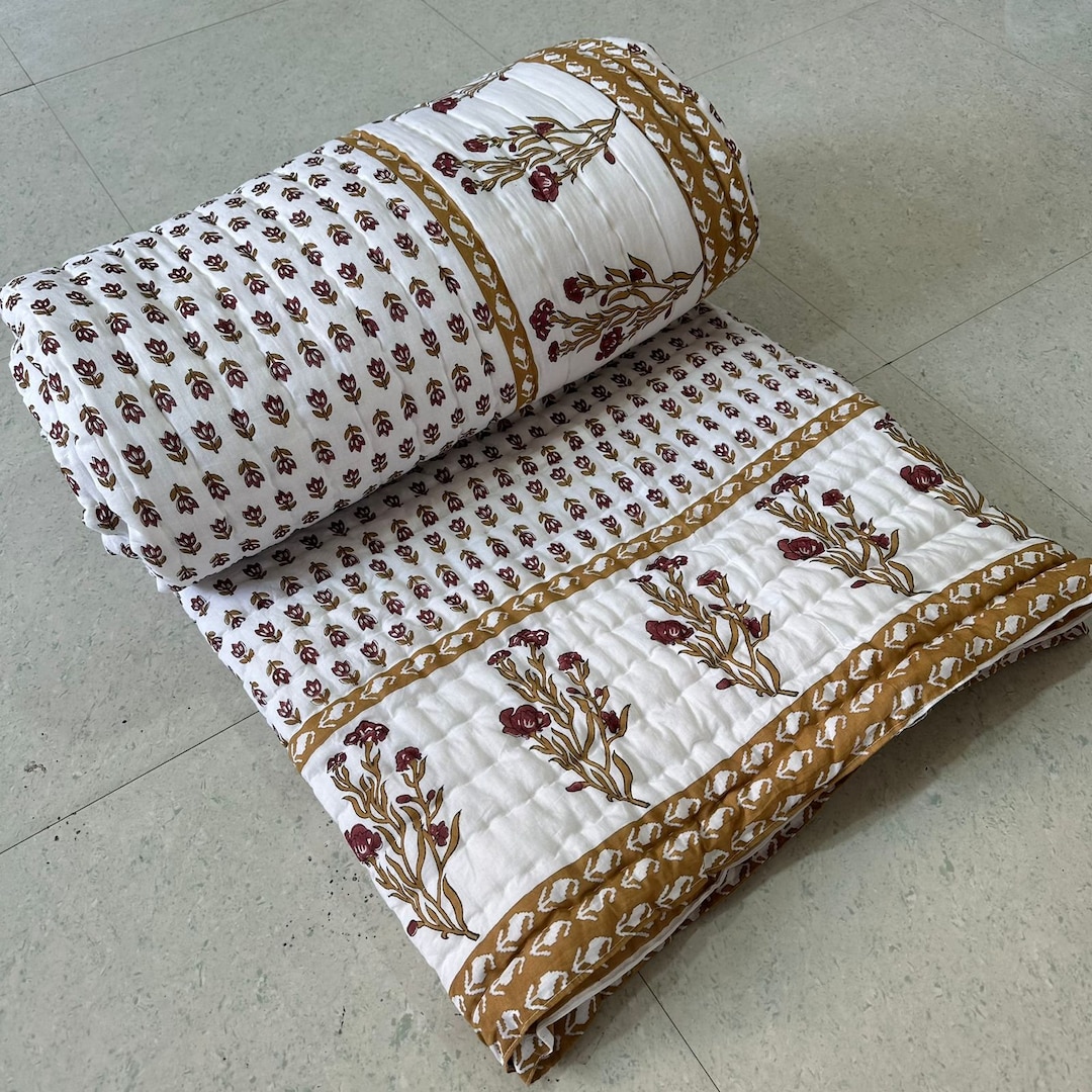 Hand Block Print Quilt Floral Dark Base, Soft Quality Quilt, Ultra Warm ...