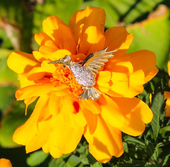 10k Yellow Gold Hummingbird Diamond Stones Pin Brooch - Gem