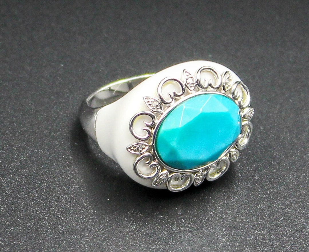 Gorgeous White Agate & Turquoise Stone Diamond Accent Sterling 925 Ring ...