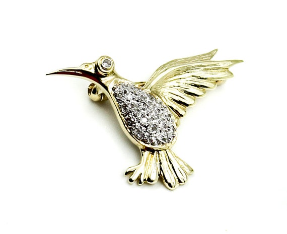 10k Yellow Gold Hummingbird Diamond Stones Pin Brooch - Gem