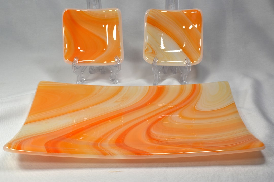 Fused Glass Rectangular Sushi Set With 9 X 5 1/2 Inch Platter and 2 3 X ...