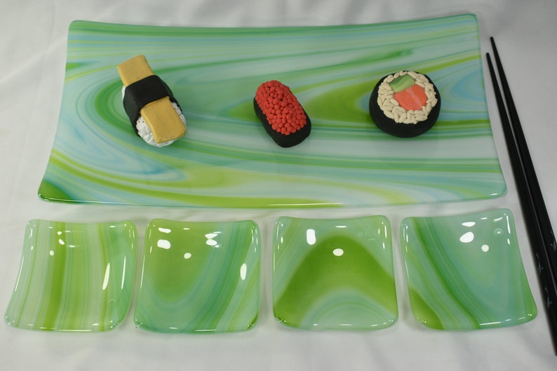 Fused Glass Rectangular Sushi Set With 6x12 Inch Platter and 3 X 3 ...