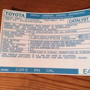 1984- 1988 22RE Toyota Pickup Truck 4runner Emission Decals ...