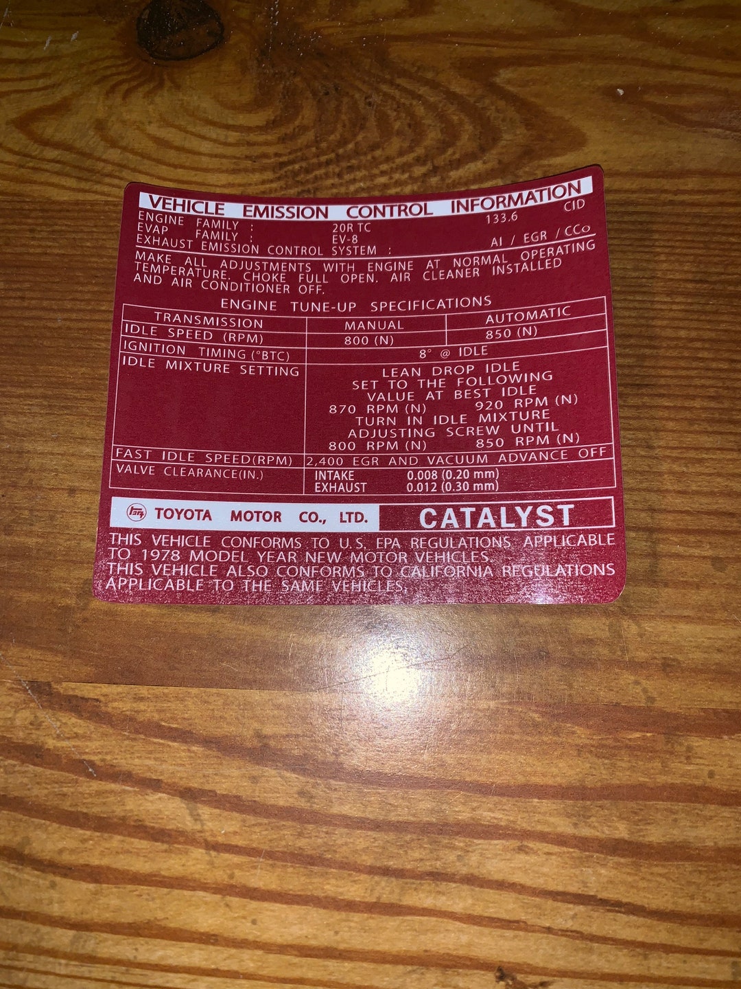 1978-83 Toyota Pickup Truck Hilux Emission Info Decals Reproduction 20R ...