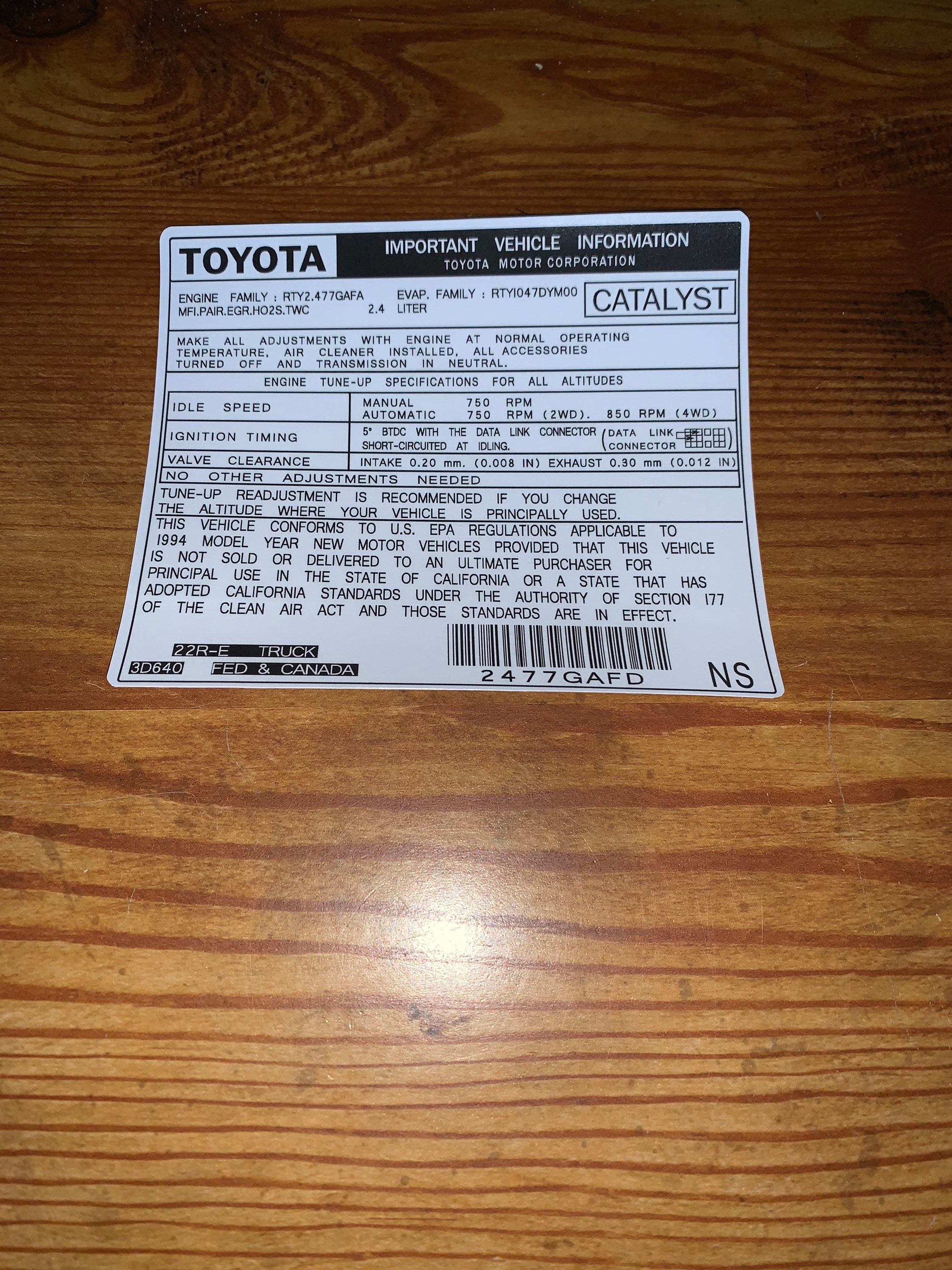 1984 1988 22RE Toyota Pickup Truck 4runner Emission Decals - Etsy