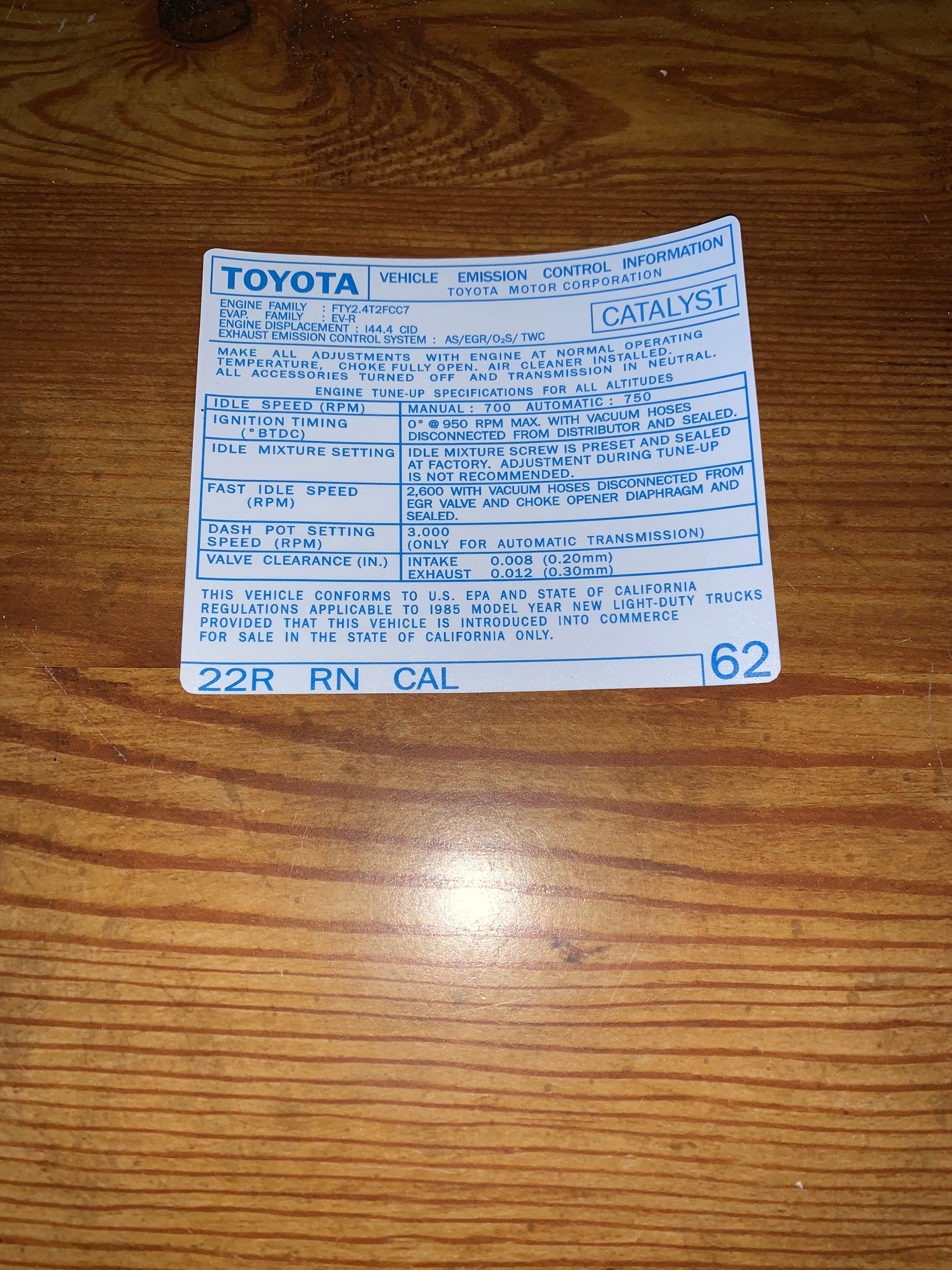 1984-1989 22R Toyota Pickup Truck 4Runner Emission Decals | Etsy