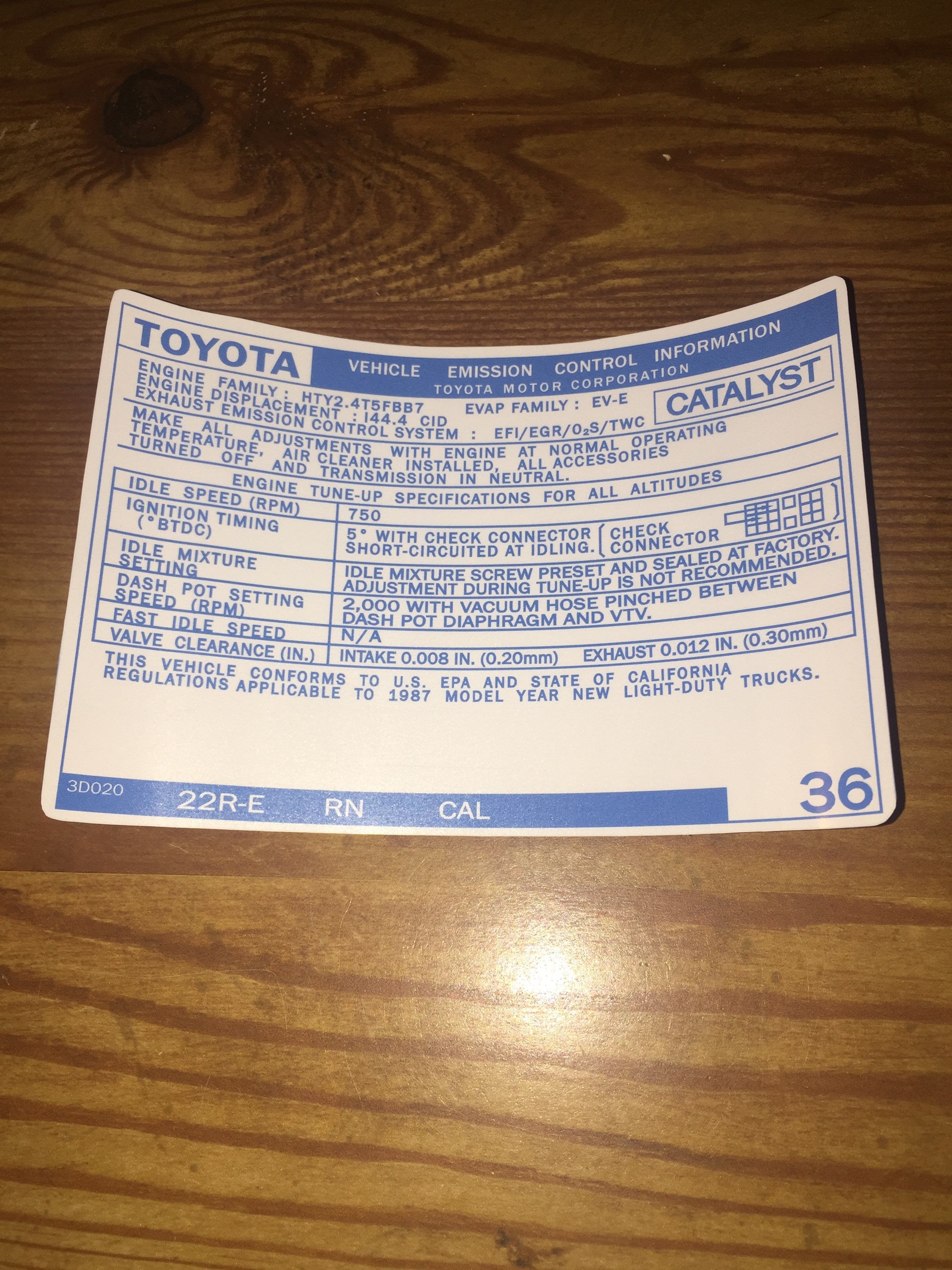 1984 1988 22RE Toyota Pickup Truck 4Runner Emission Decals | Etsy