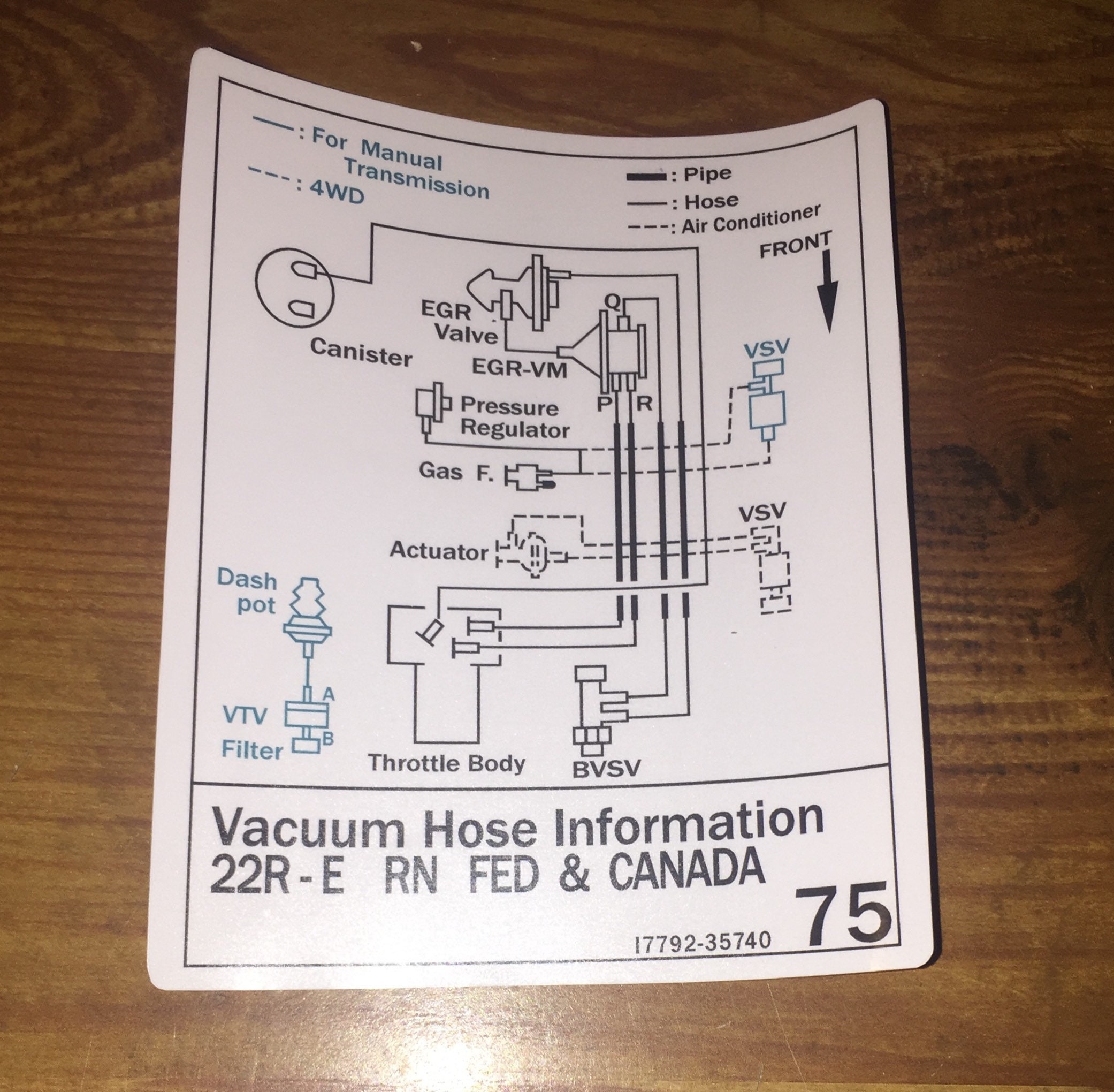 1984-1986 22RE Toyota Pickup Vacuum Diagram Remade Decals - Etsy
