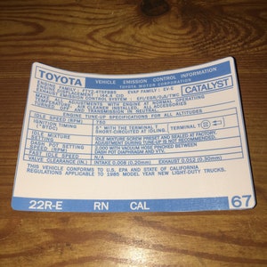 1984- 1988 22RE Toyota Pickup Truck 4runner Emission Decals ...