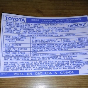 1984- 1988 22RE Toyota Pickup Truck 4runner Emission Decals ...