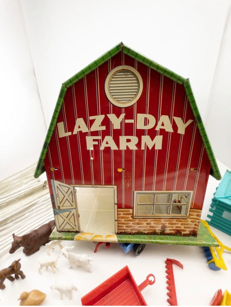 Vtg Marx Lazy Day Farm Tin Barn W/ Animals / Farm Equipment / Fences ...