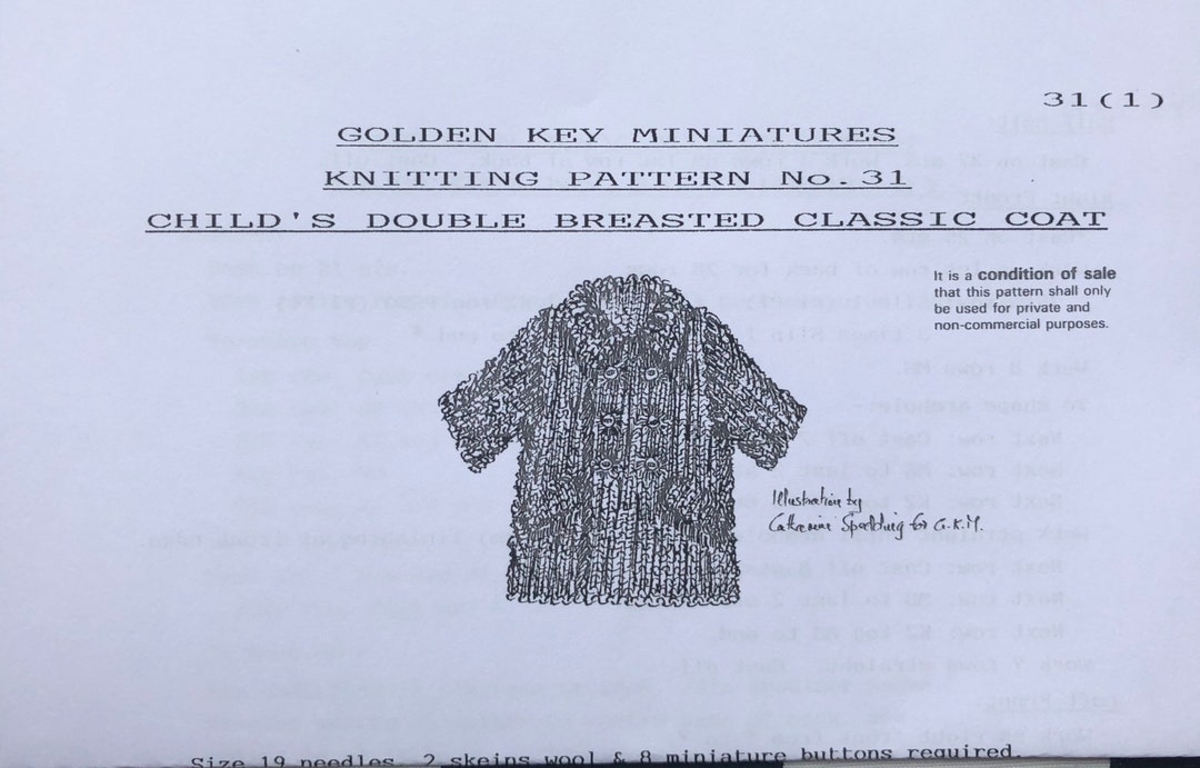 Childs Double Breasted Classic Coat 1:12th Scale Knitting Pattern - Etsy