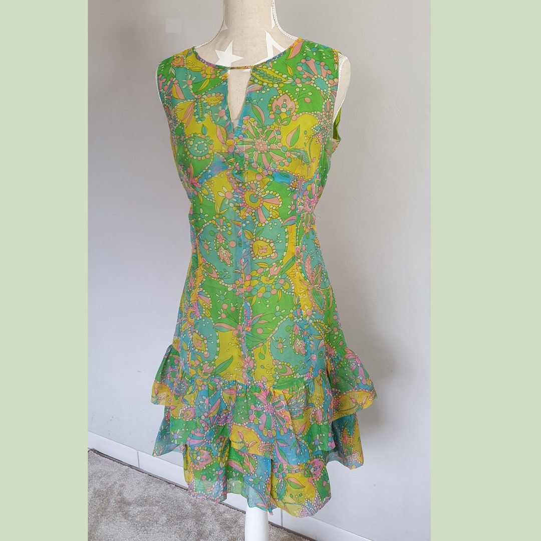 Vintage 70s Cocktail Dress With Ruffles, Psychedelic Flower Pattern, Size 40 | Size 8 US - Etsy