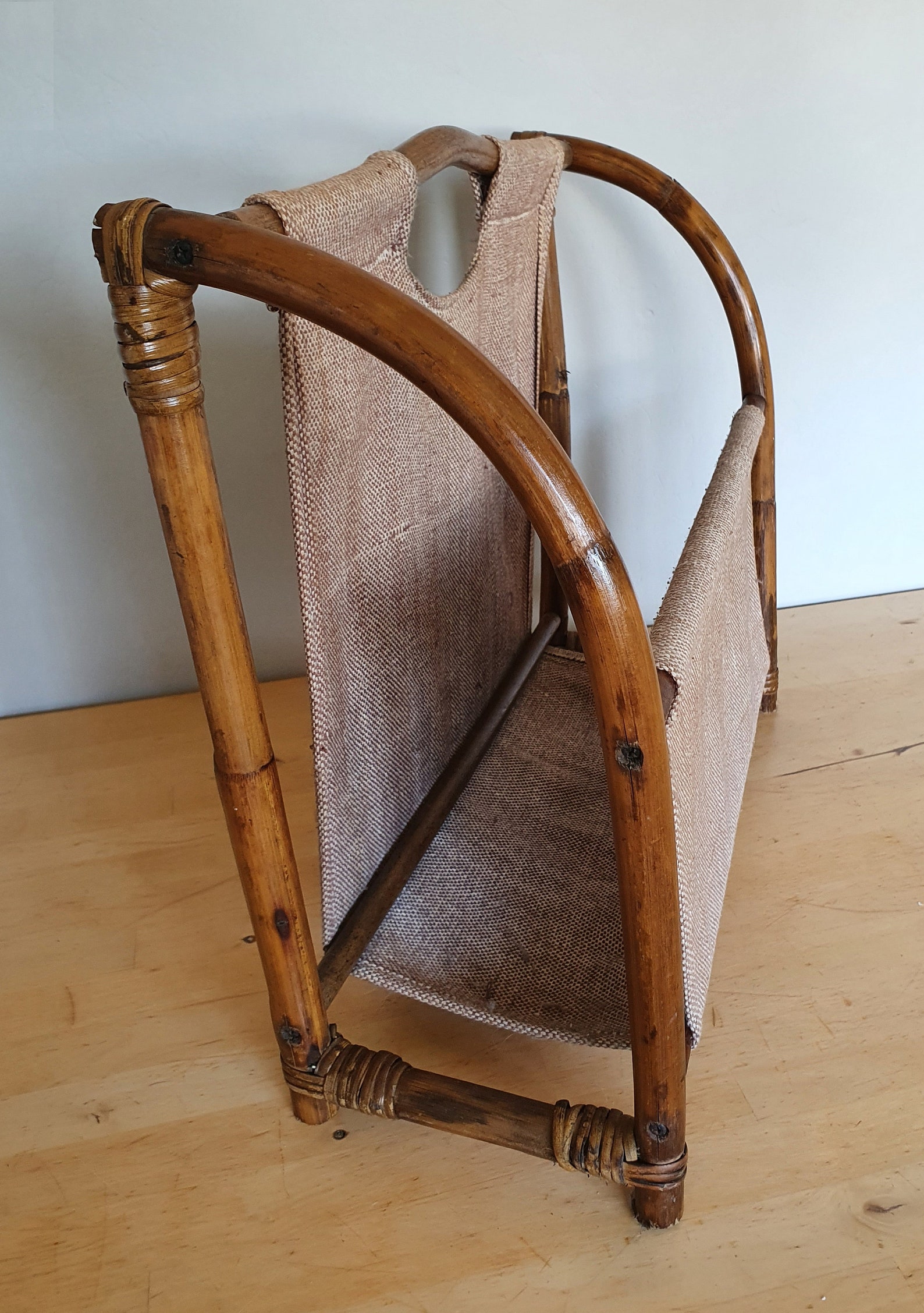 Vintage Newspaper Holder From the 70s, Wicker and Canvas, Scandinavian ...