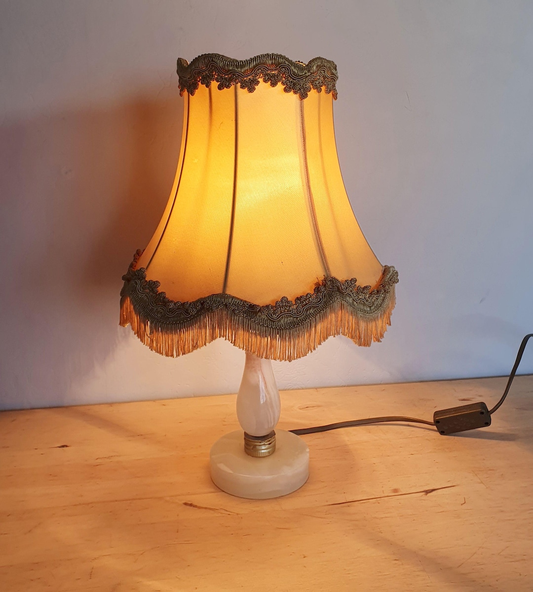 Vintage Bell Shaped Table Lamp, Fringed Lampshade and Marble Stand ...