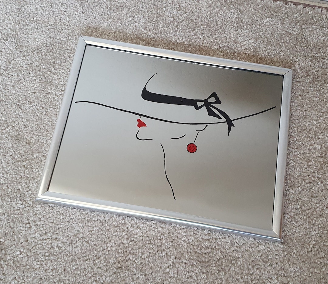 Vintage 1980s Mirror, With Graphic Decoration in Red and Black, Lady ...