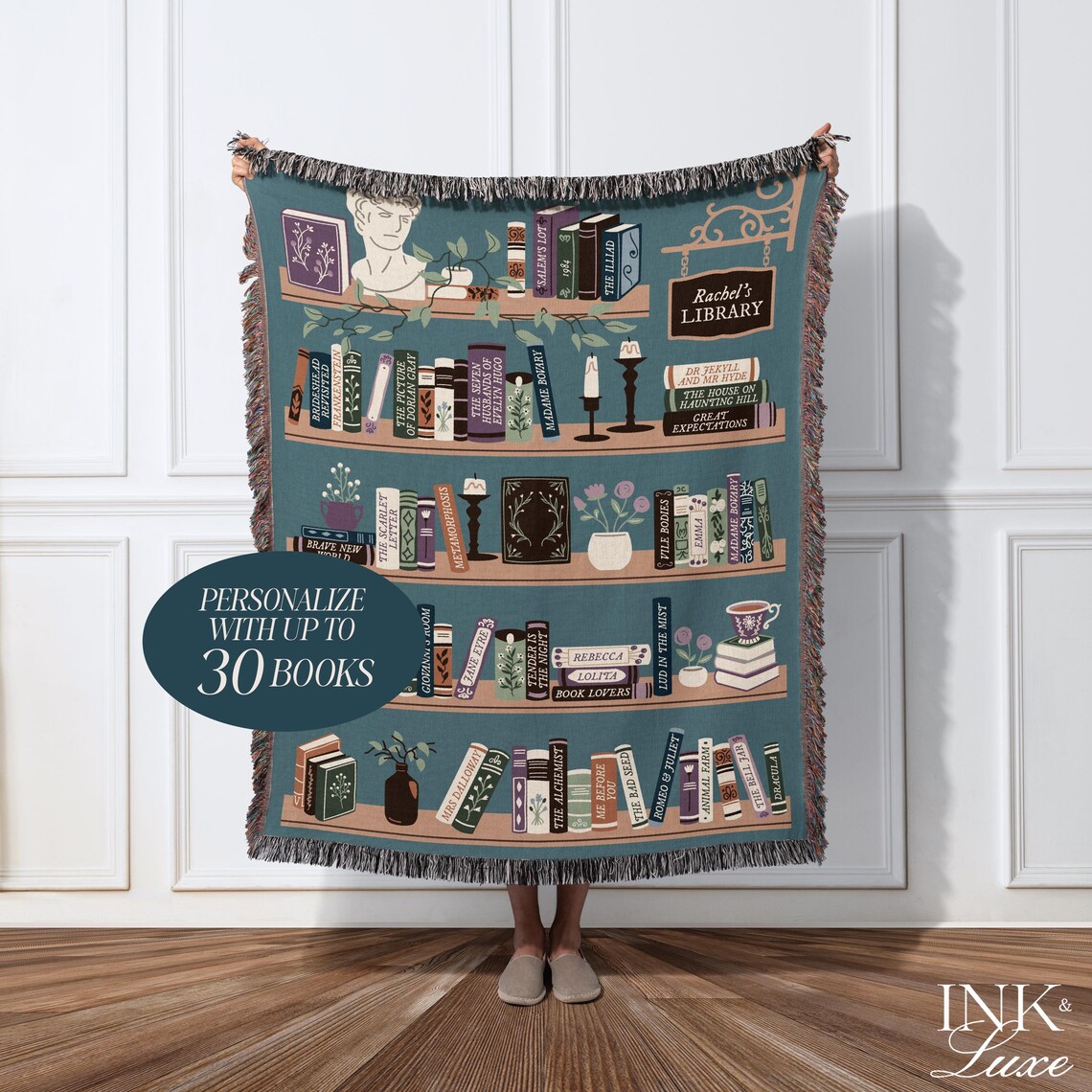 Personalized Bookshelf Woven Throw Blanket, Book Lover Gift, Gifts for ...