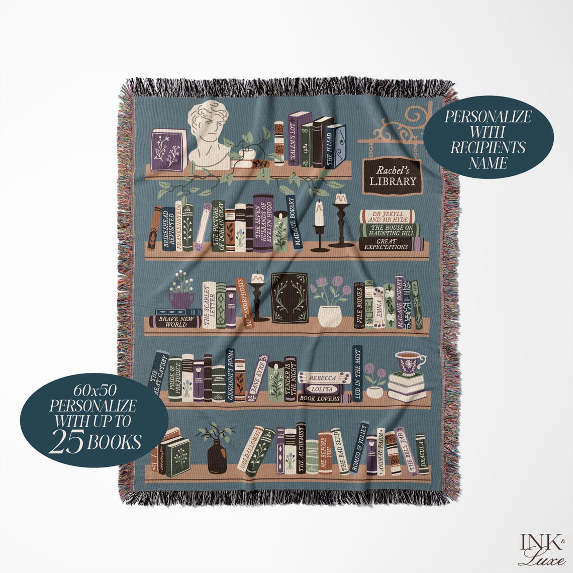 Personalized Bookshelf Woven Throw Blanket, Book Lover Gift, Gifts for ...