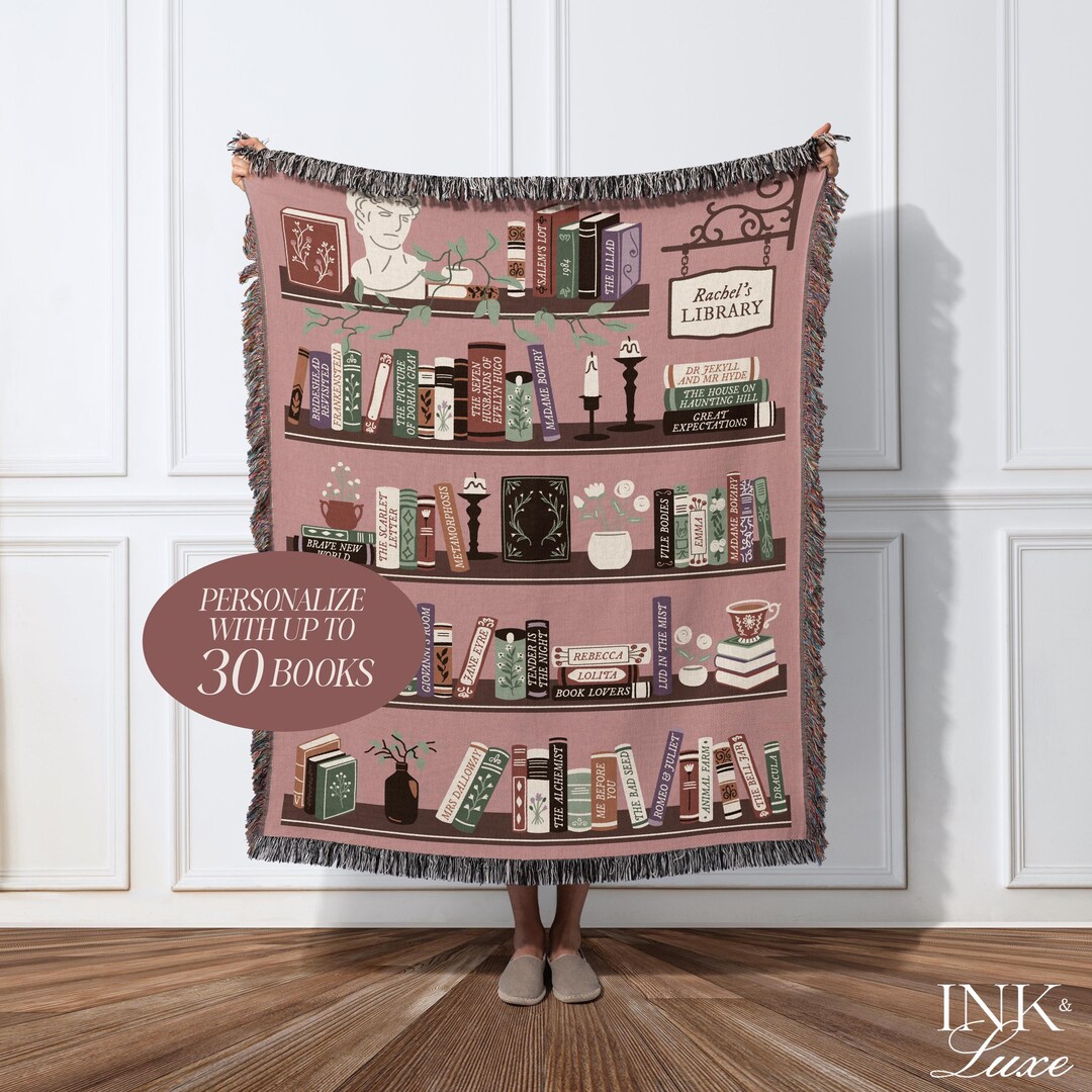 Personalized Bookshelf Woven Throw Blanket, Book Lover Gift, Gifts for ...