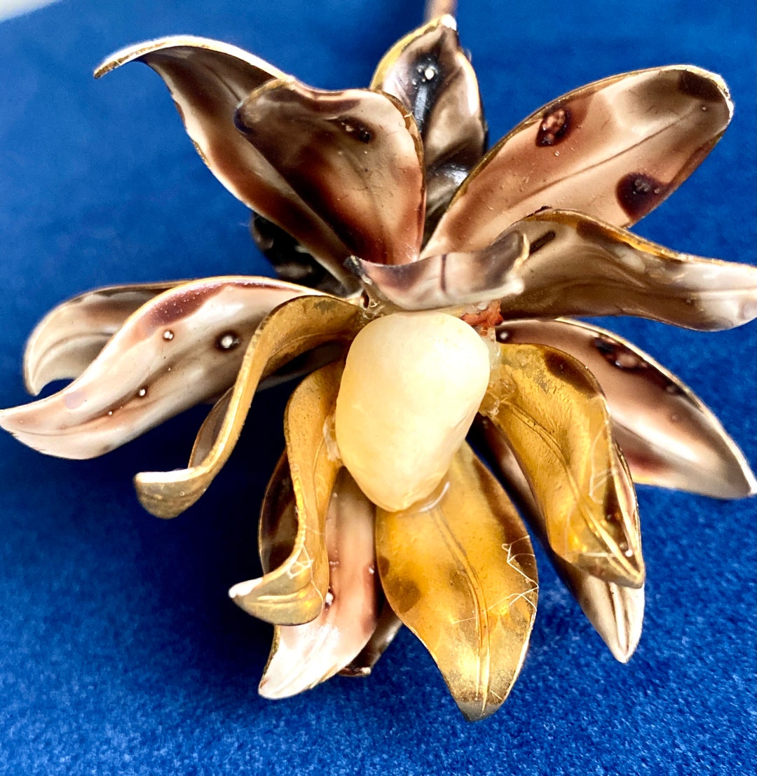 Vintage Rare Large Sandor Iris Flower Brooch Moiré Brown Enamel 5.5 ...