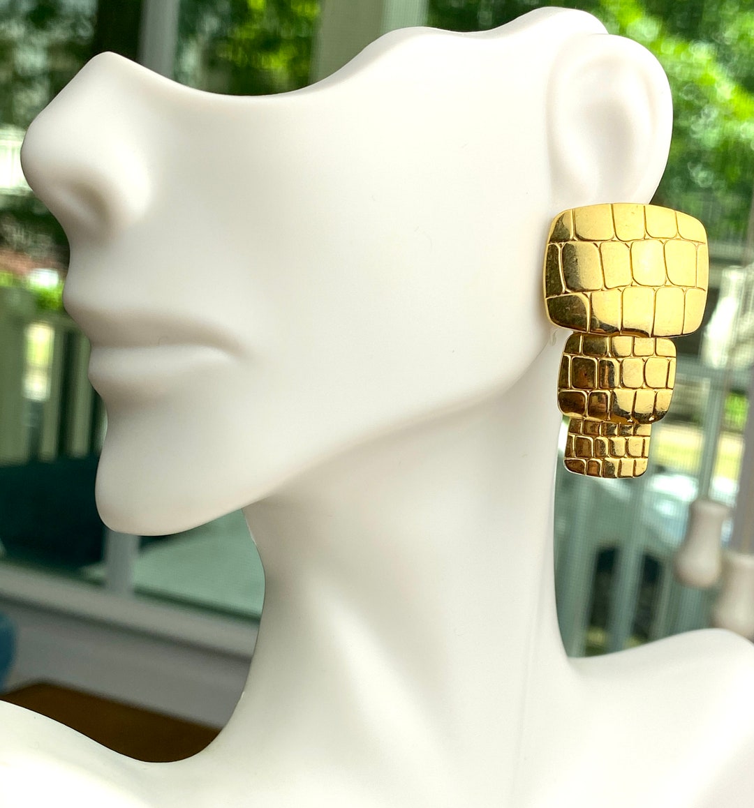 Vintage Earrings Signed Avon 80s Crocodile Look Dangle Gold Tone ...