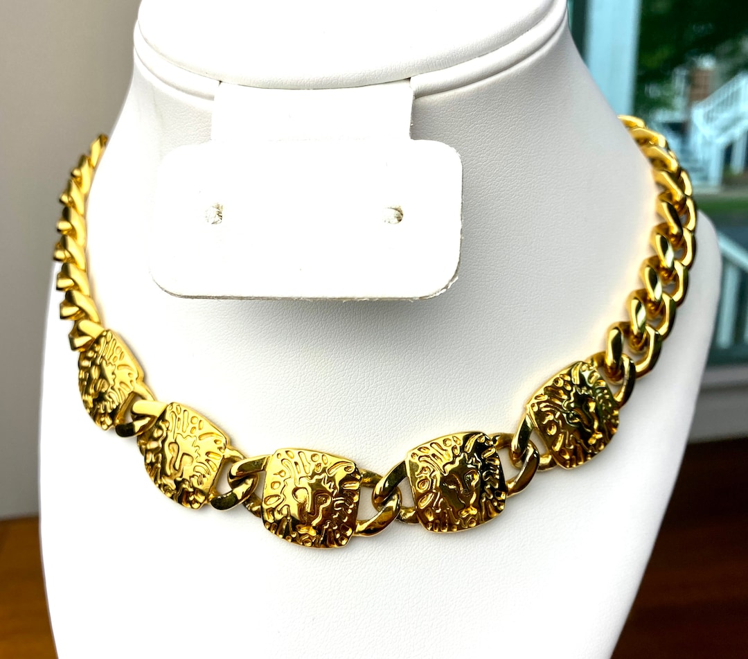 Anne Klein Lion Chain Necklace 80’s Gold Plated Bold Chain Chocker ...