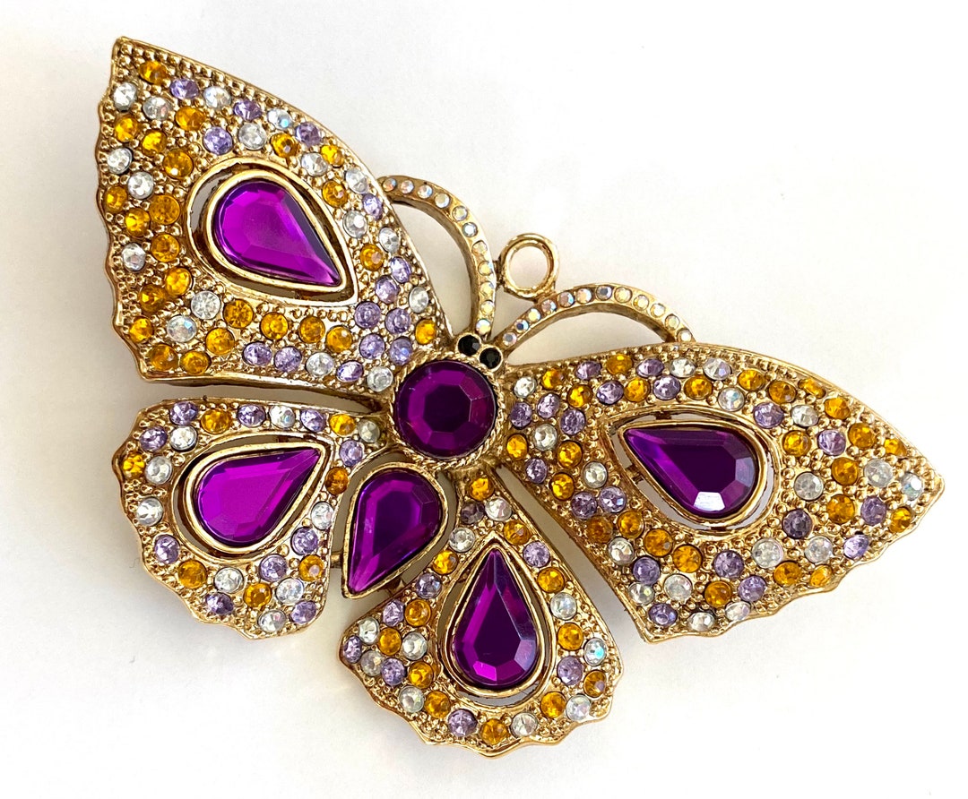 Fabulous Large Butterfly Pendant Purple and Gold Color Rhinestones - Etsy