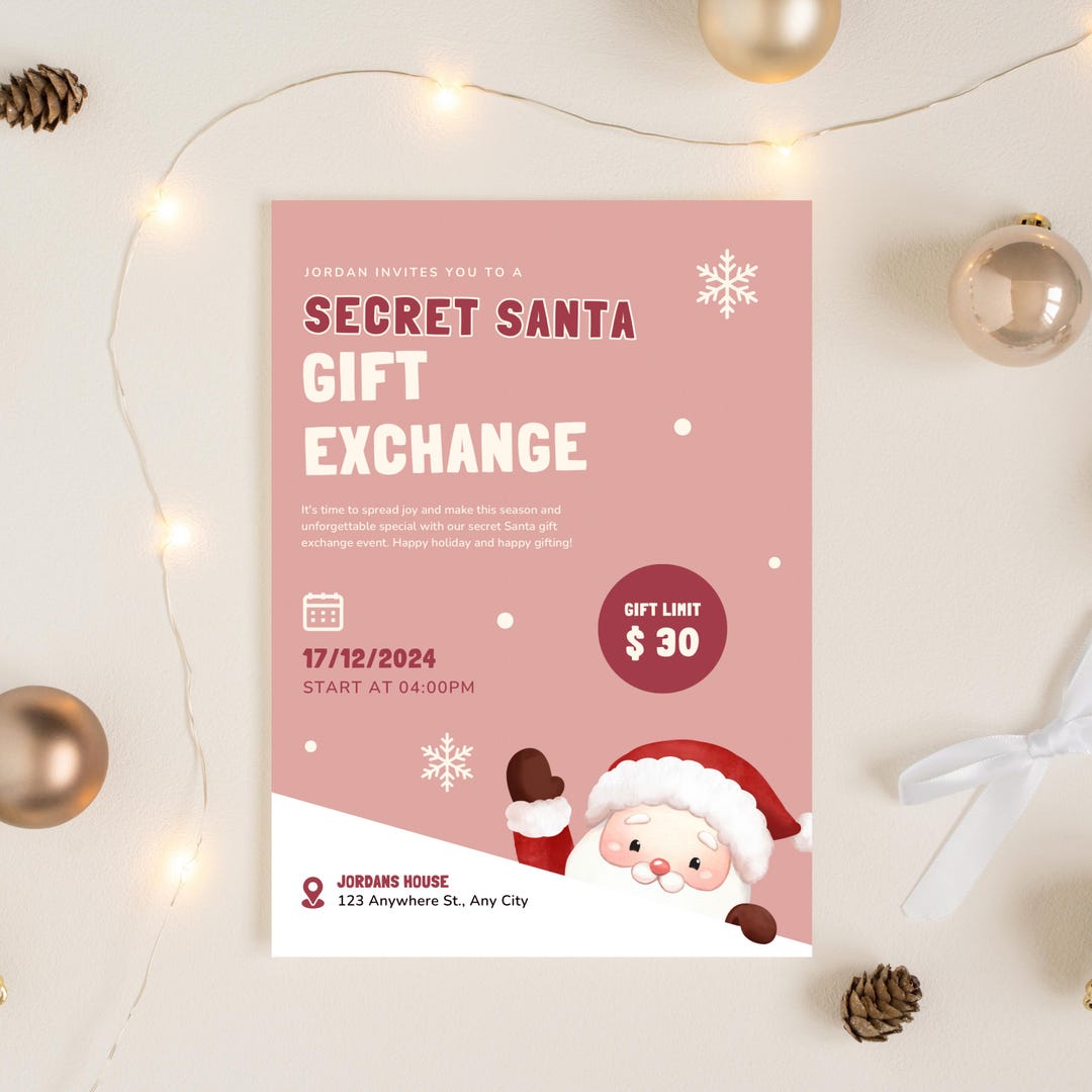 Pink Secret Santa Invitation Printable, Christmas Gift Exchange Invite ...