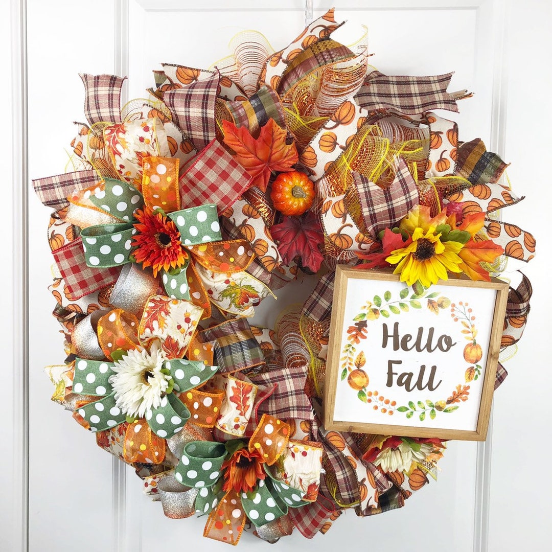 Deco Mesh Wreath, Hello Fall Front Door Wreath, Whimsical Fall Wreath ...